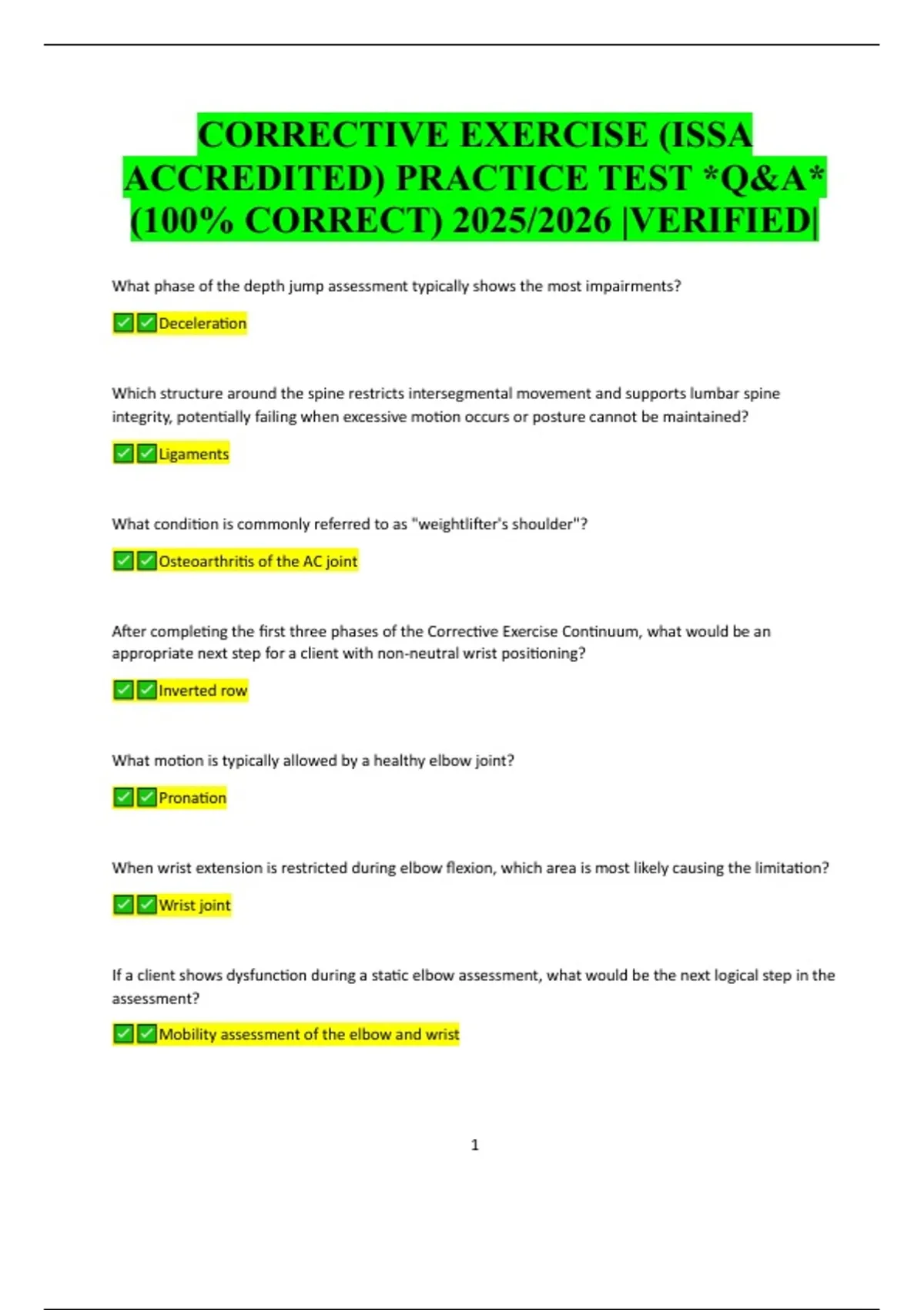 CORRECTIVE EXERCISE (ISSA ACCREDITED) PRACTICE TEST *Q&A* (100% CORRECT ...