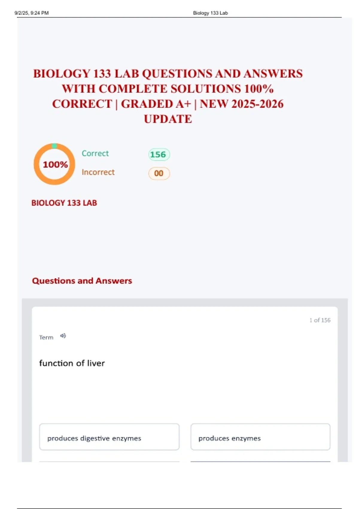 BIOLOGY 133 LAB QUESTIONS AND ANSWERS WITH COMPLETE SOLUTIONS 100% ...
