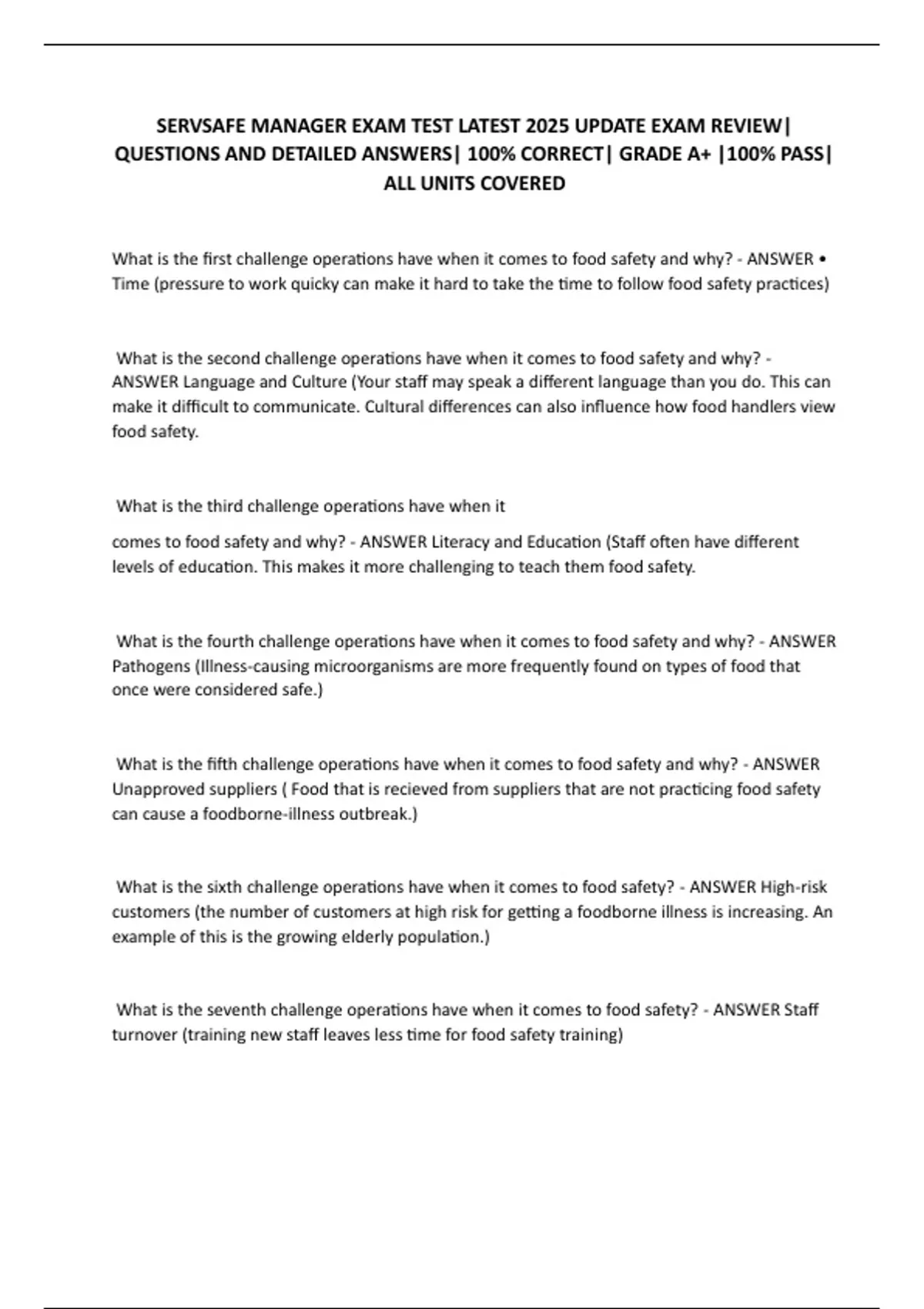 SERVSAFE MANAGER EXAM TEST LATEST 2025 UPDATE EXAM REVIEW| QUESTIONS ...