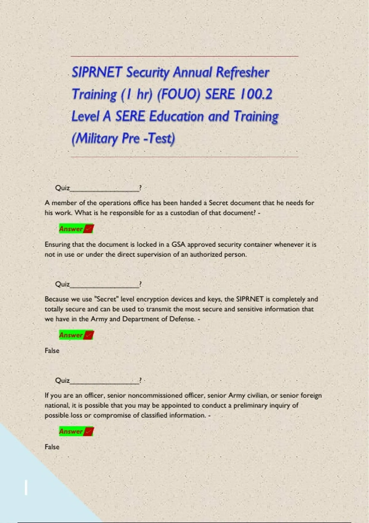 SIPRNET Security Annual Refresher Training (1 hr) (FOUO) SERE 100.2 ...