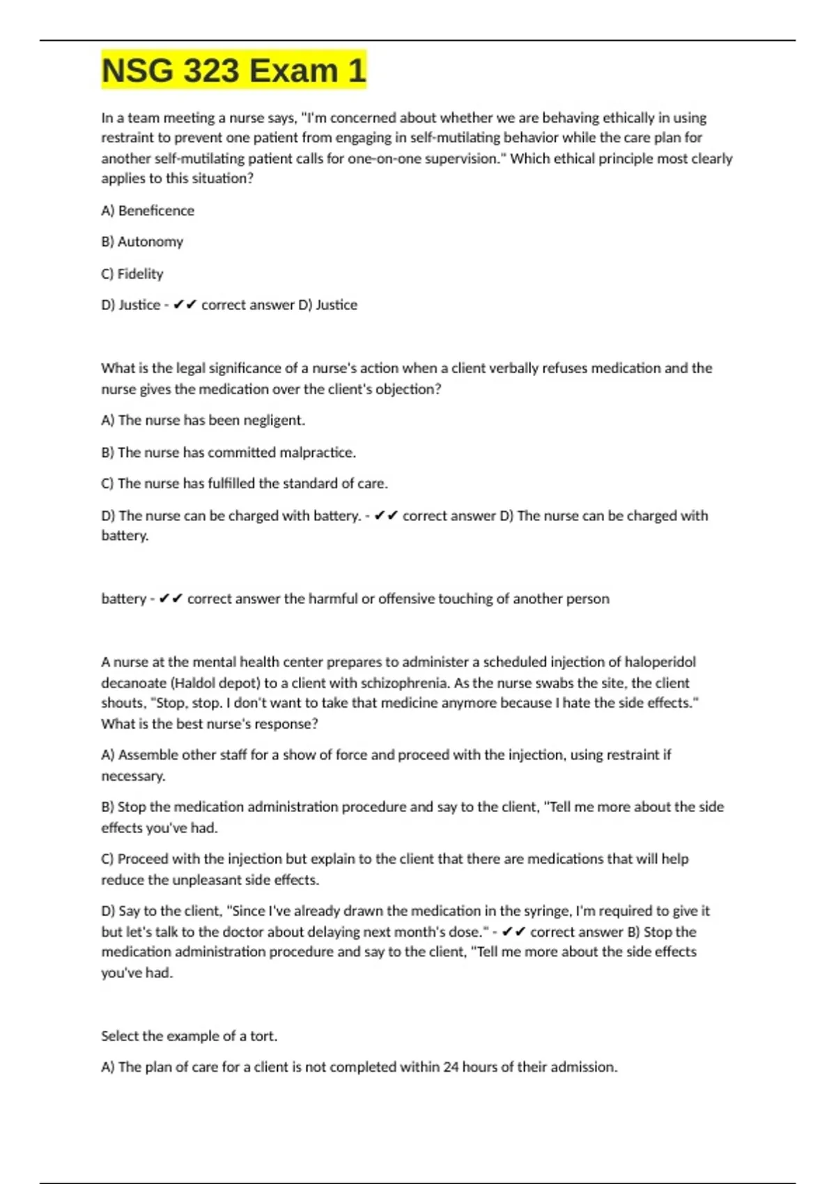 NSG 323 Exam 1 questions and 100% correct answers 2025 - NSG 323 ...
