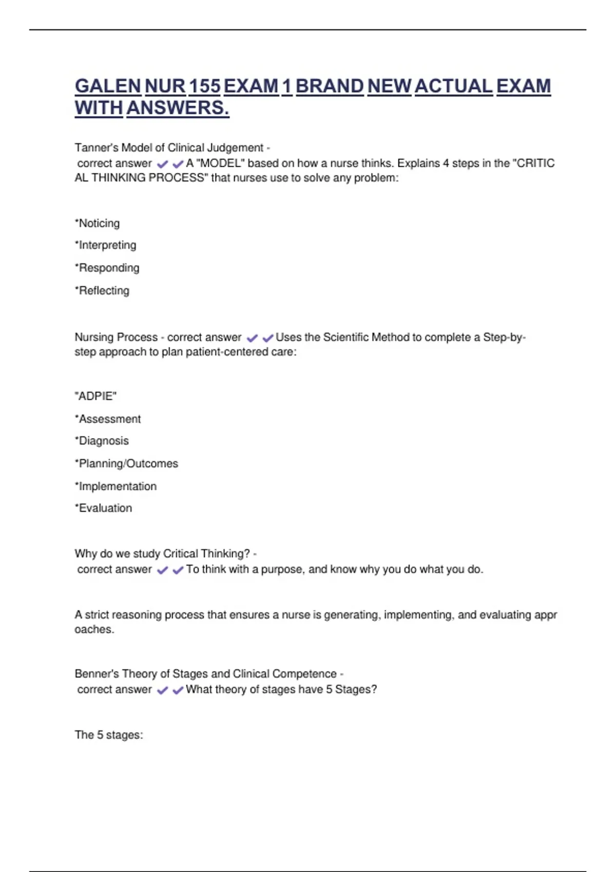 GALEN NUR 155 EXAM 1 BRAND NEW ACTUAL EXAM WITH ANSWERS..pdf - NUR 155 ...