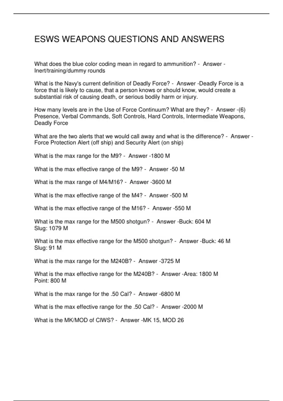 ESWS WEAPONS QUESTIONS AND ANSWERS - ESWS WEAPONS - Stuvia US