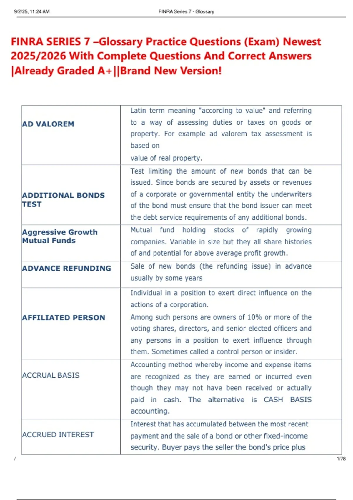 FINRA SERIES 7 –Glossary Practice Questions (Exam) Newest 2025/2026 ...