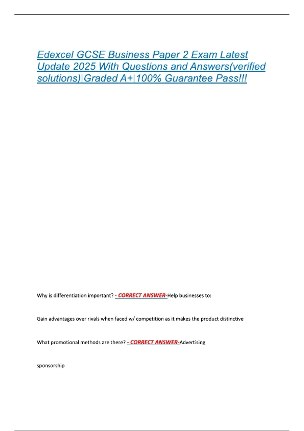 Edexcel GCSE Business Paper 2 Exam Latest Update 2025 With Questions ...