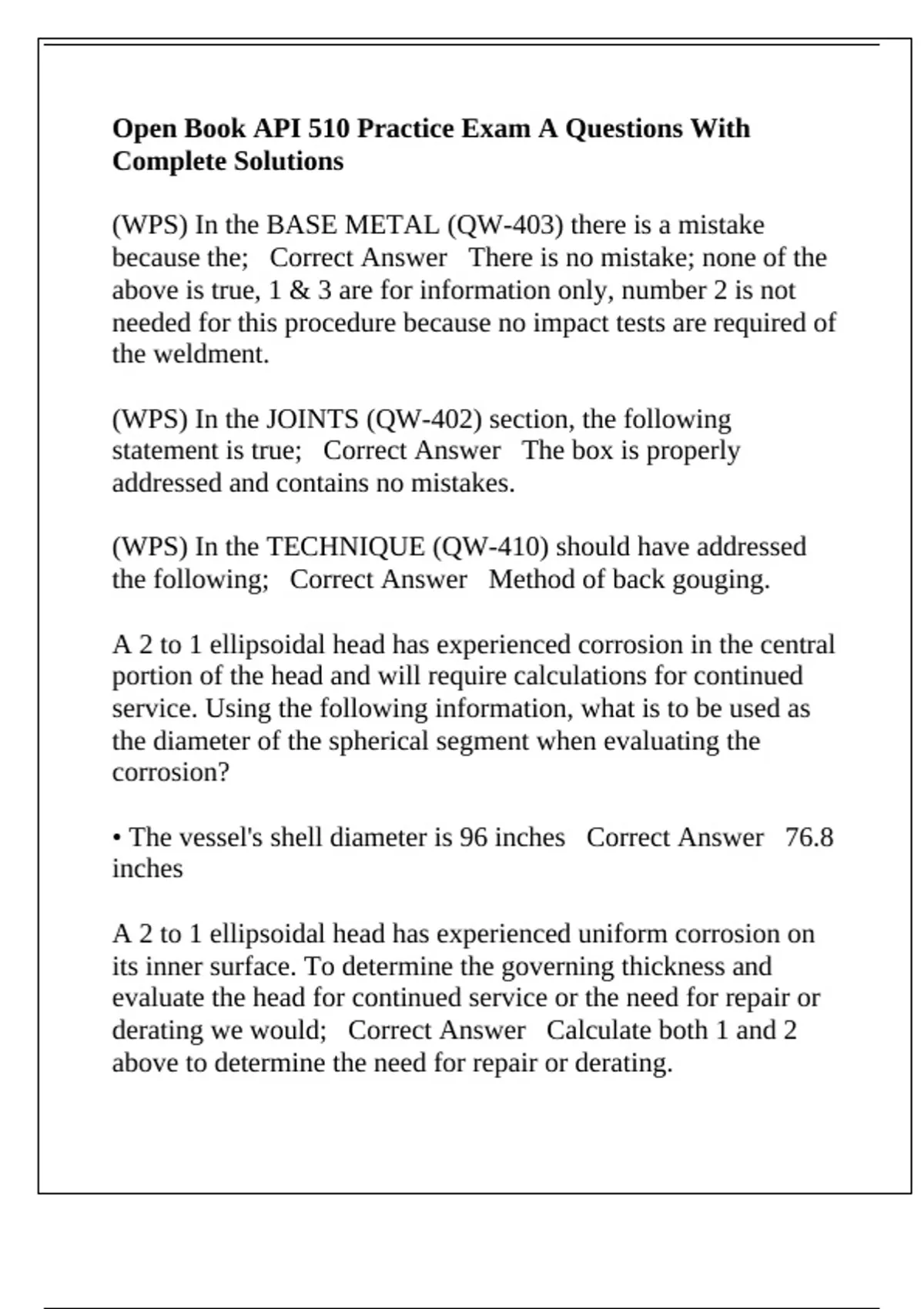 Open Book API 510 Practice Exam A Questions With Complete Solutions - API 510 - Stuvia US