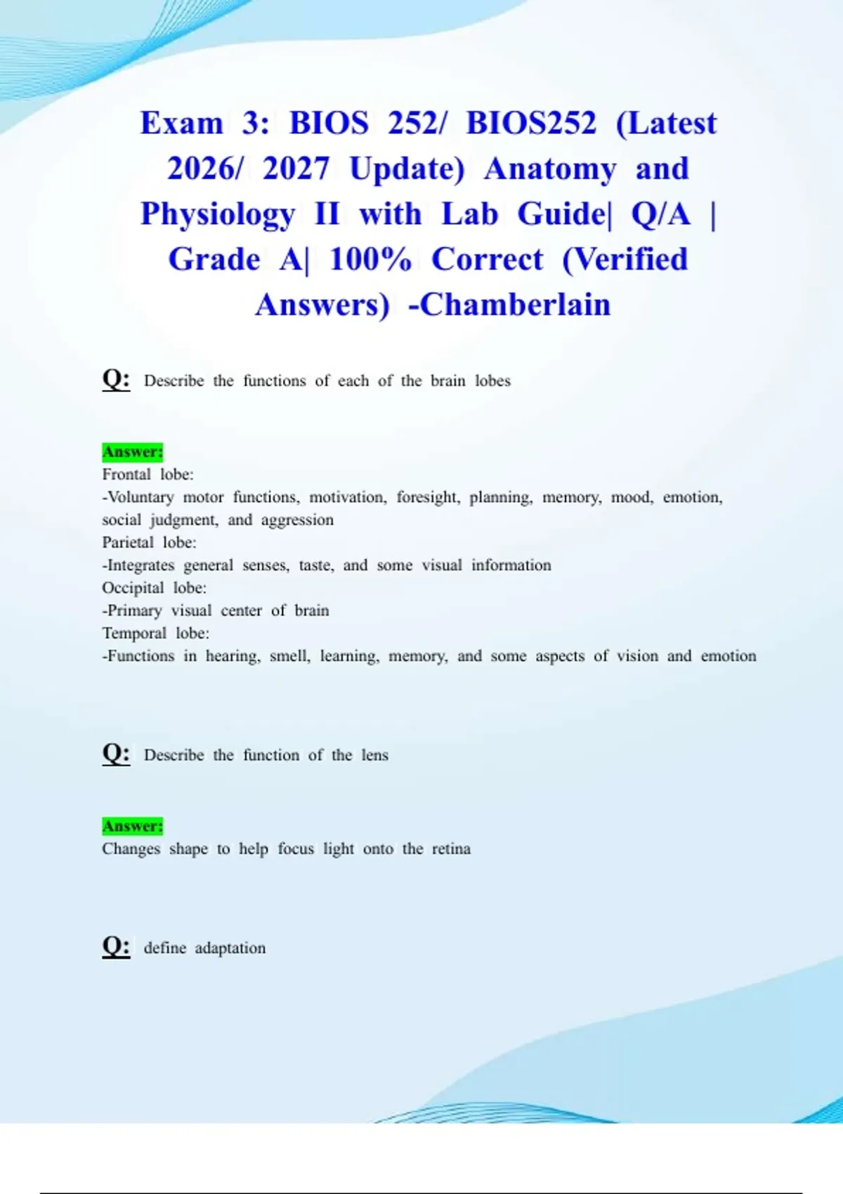 Exam 3: BIOS 252/ BIOS252 (Latest 2026/ 2027 Update) Anatomy and ...
