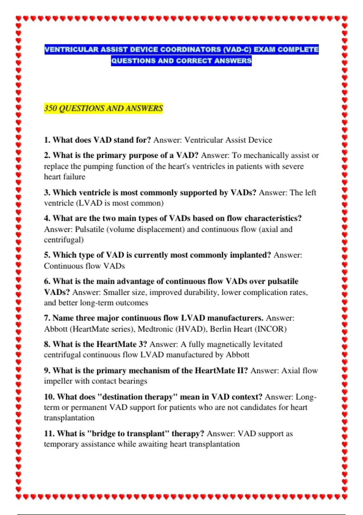 VENTRICULAR ASSIST DEVICE (VAD-C) PACKAGED EXAMS !!! - Stuvia US
