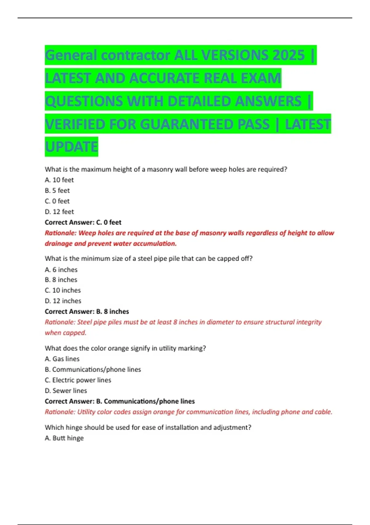 General contractor ALL VERSIONS 2025 | LATEST AND ACCURATE REAL EXAM ...