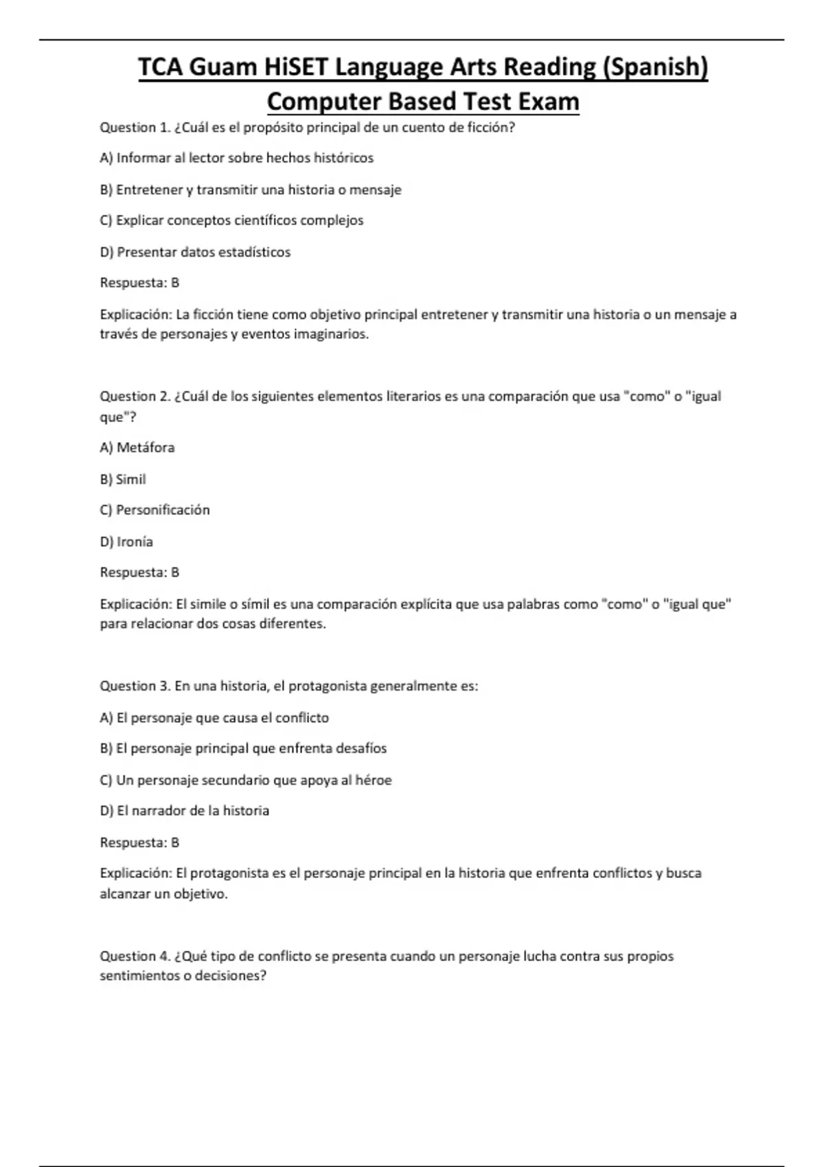 TCA Guam HiSET Language Arts Reading (Spanish) Computer Based Test Exam ...