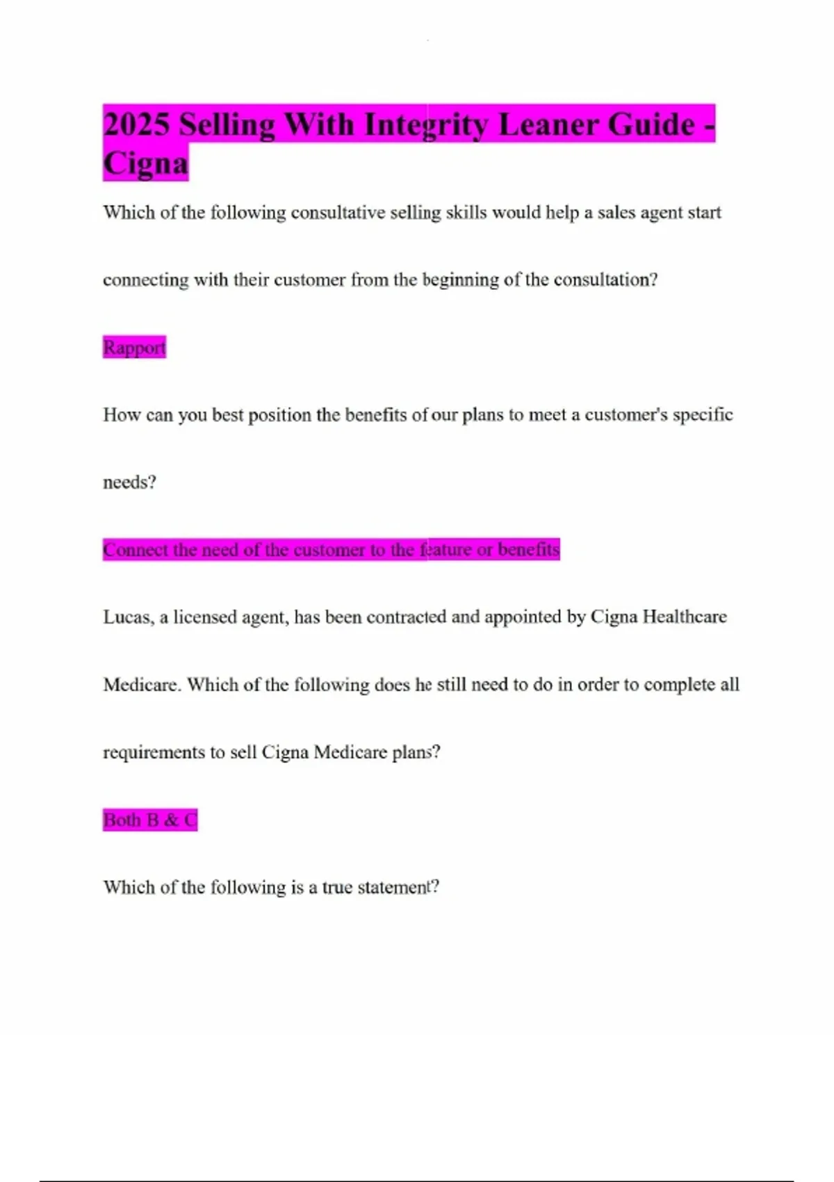 2025 Selling With Integrity Leaner Guide - Cigna - 2025 Selling With Integrity Leaner - Stuvia US