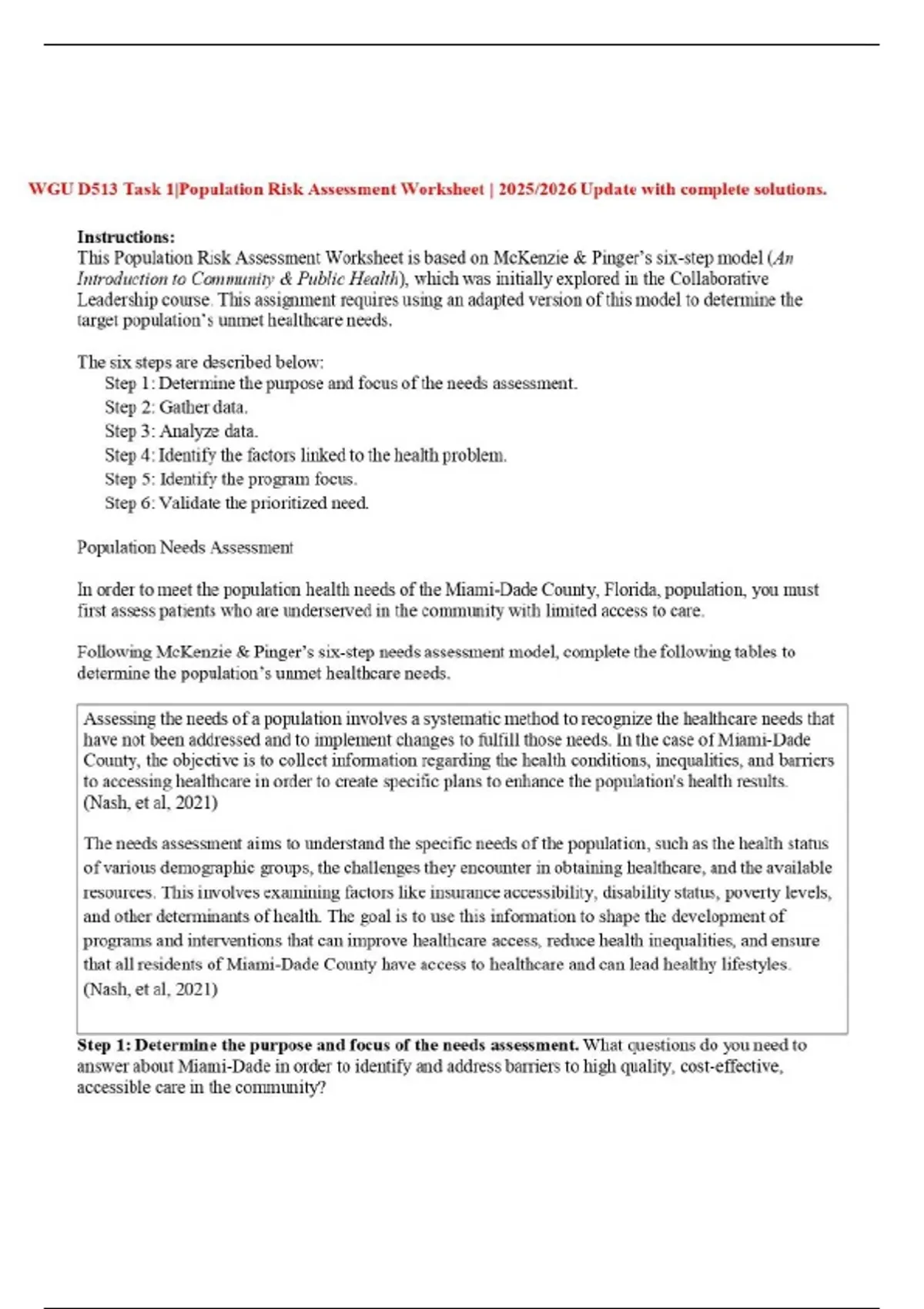 WGU D513 Task 1|Population Risk Assessment Worksheet | 2025/2026 Update with complete solutions ...