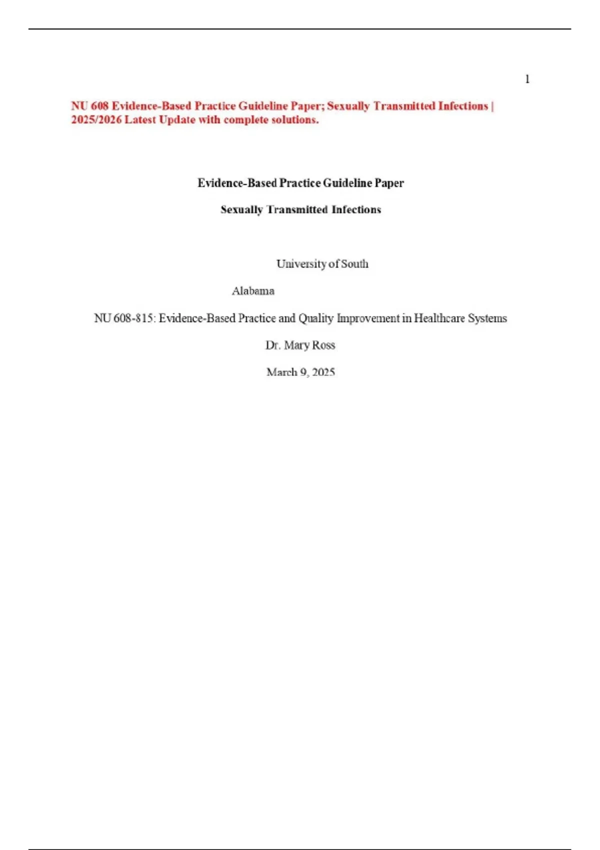NU 608 Evidence-Based Practice Guideline Paper; Sexually Transmitted ...