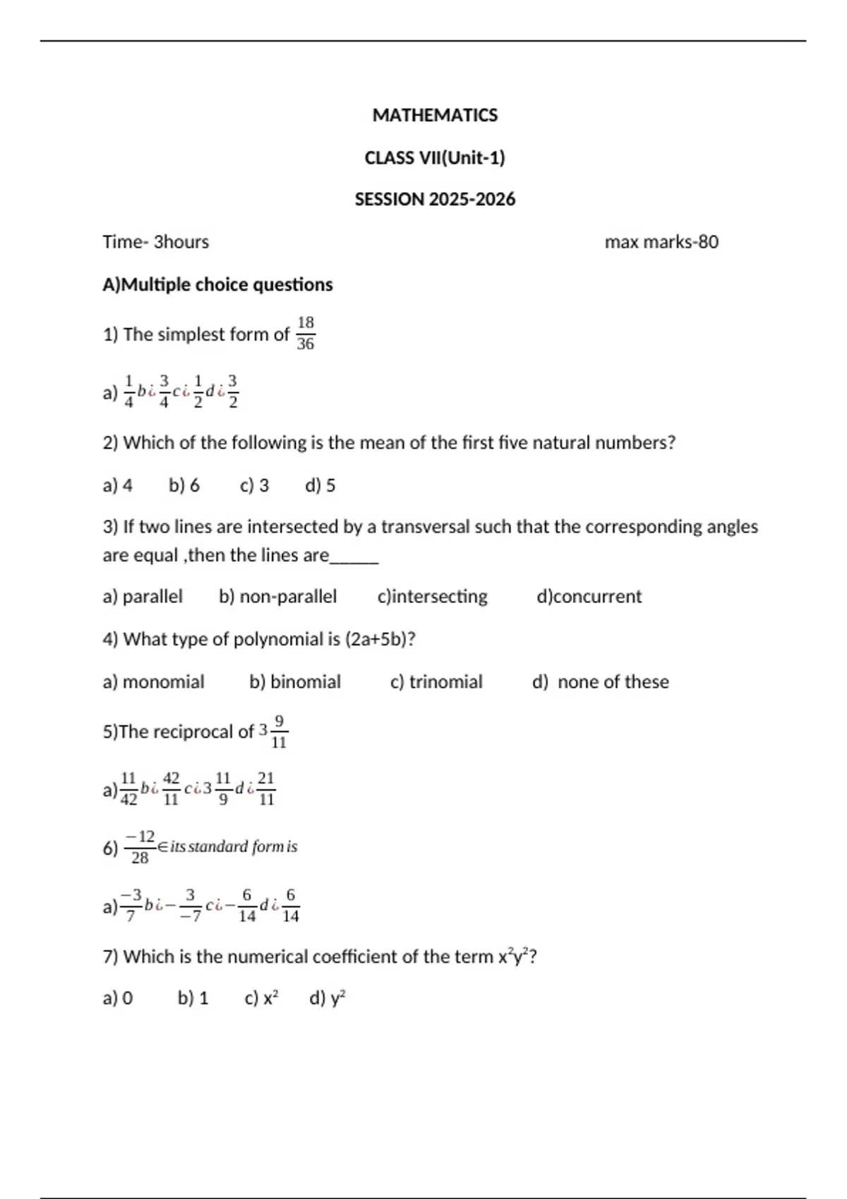Question paper type revision assignment of class 7th - Mathematics ...