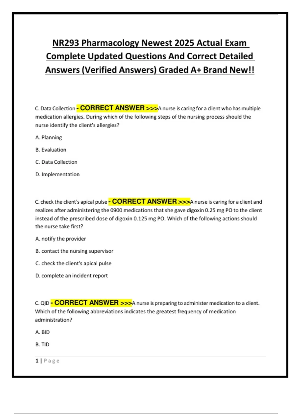 NR293 Pharmacology Newest 2025 Actual Exam Complete Updated Questions ...
