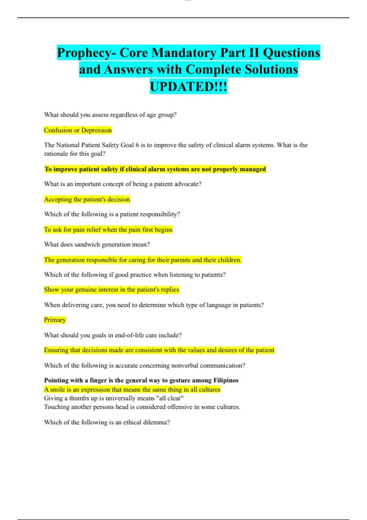 Prophecy- Core Mandatory Part II Questions and Answers with Complete ...