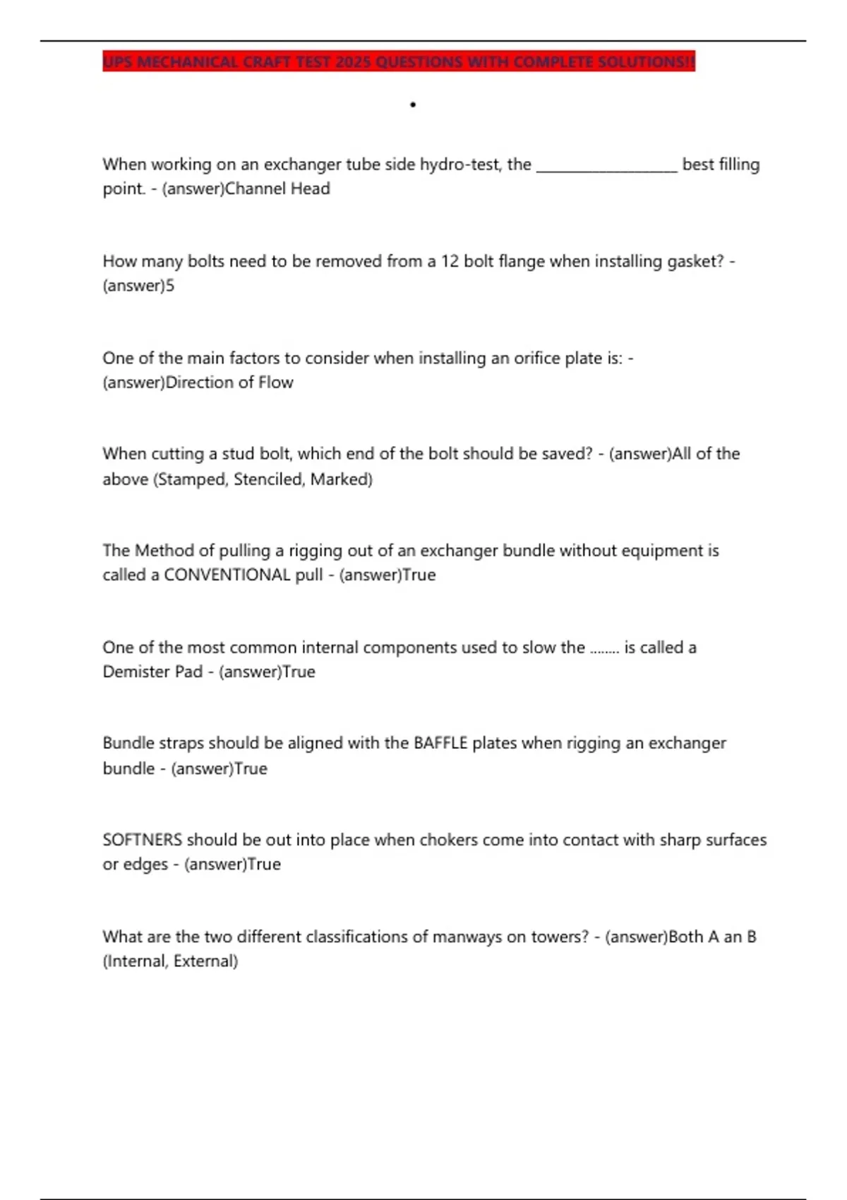 UPS MECHANICAL CRAFT TEST 2025 QUESTIONS WITH COMPLETE SOLUTIONS ...