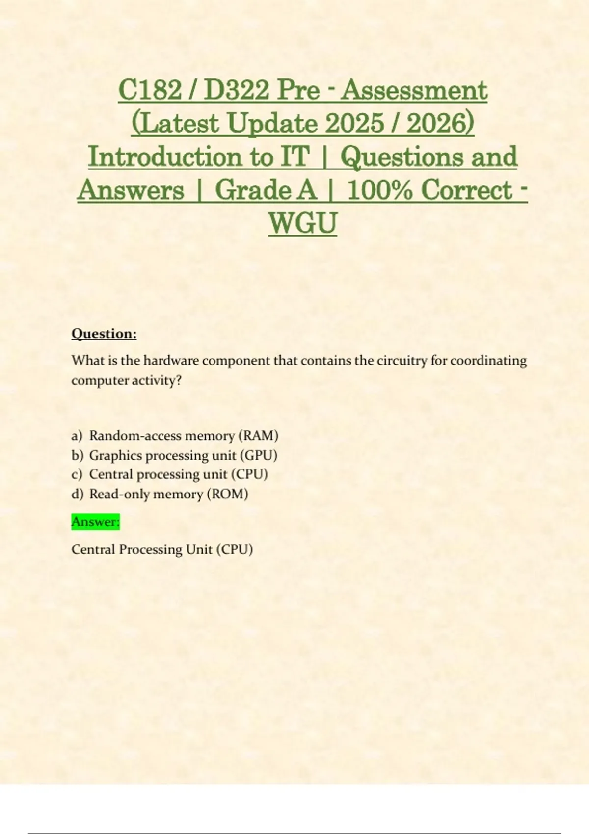 C182 / D322 Pre - Assessment & Objective Assessment (Latest 2025 / 2026 ...