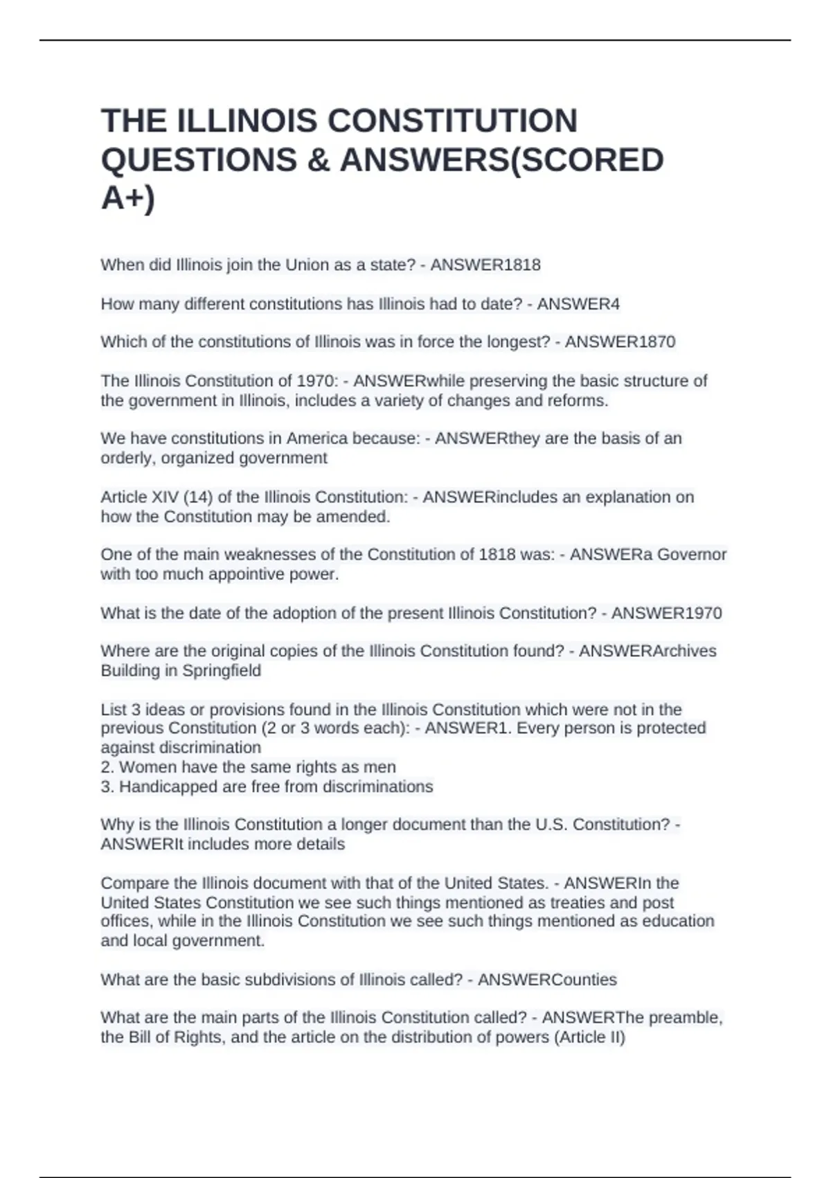 THE ILLINOIS CONSTITUTION QUESTIONS & ANSWERS(SCORED A+) - THE ILLINOIS ...