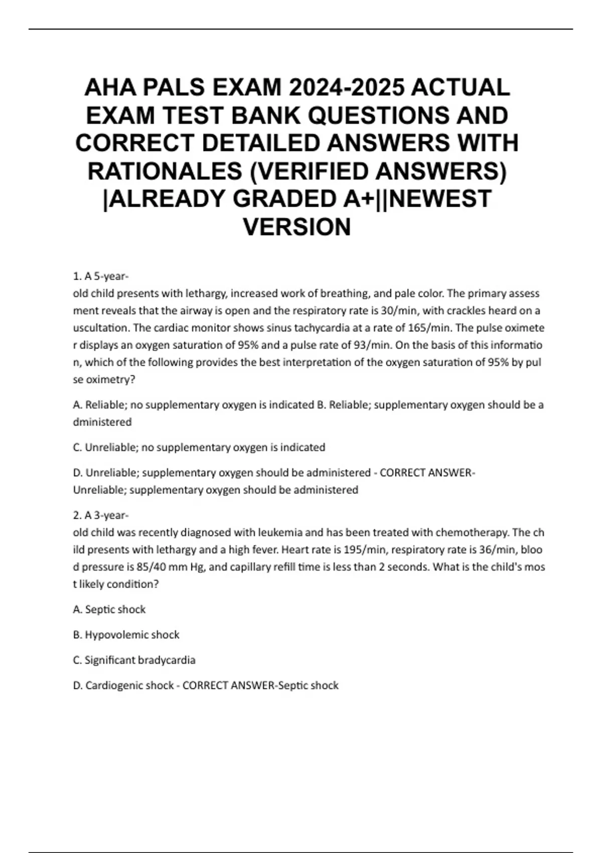 AHA PALS EXAM ACTUAL EXAM TEST BANK QUESTIONS AND CORRECT DETAILED ...