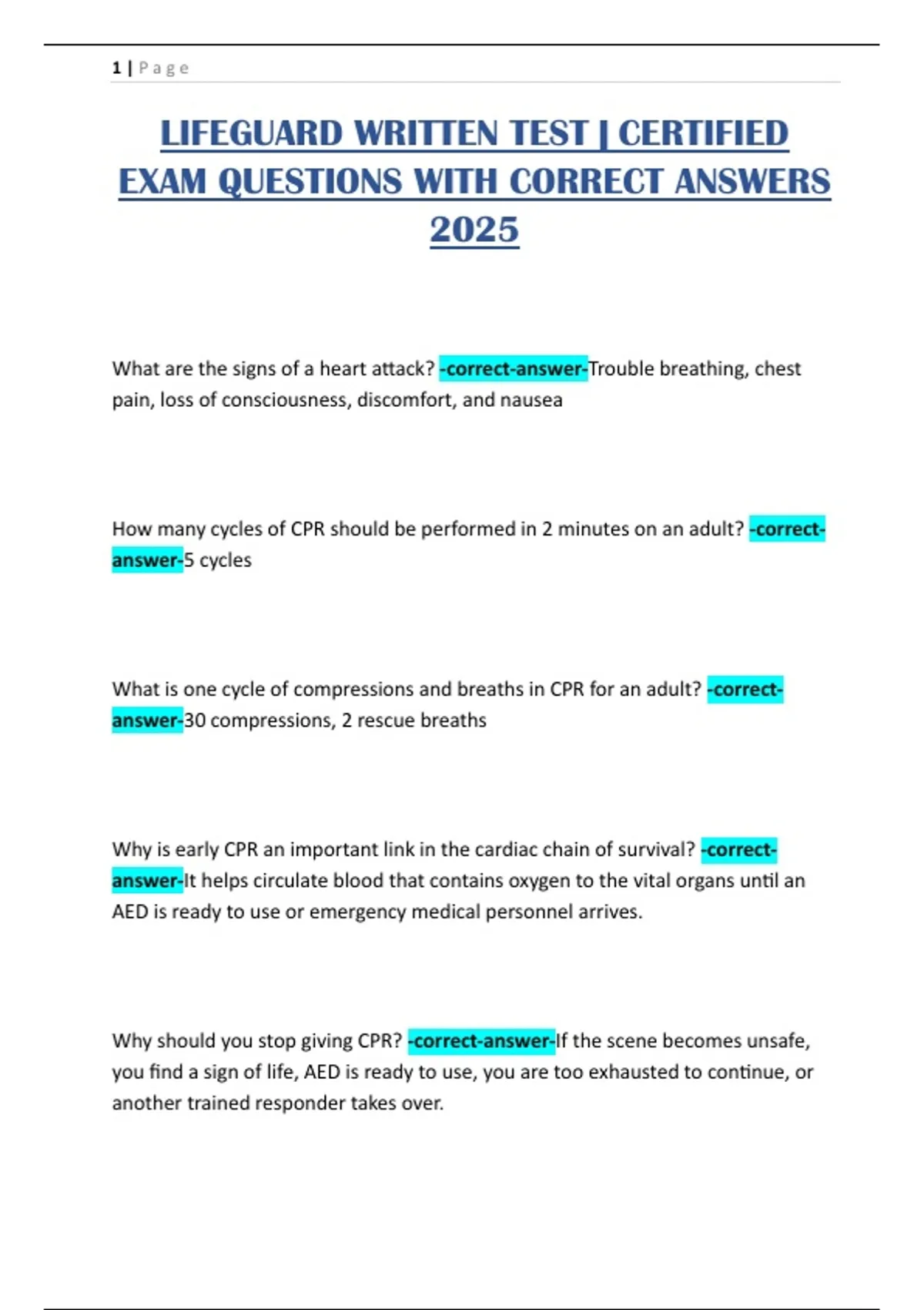 LIFEGUARD WRITTEN TEST | CERTIFIED EXAM QUESTIONS WITH CORRECT ANSWERS ...