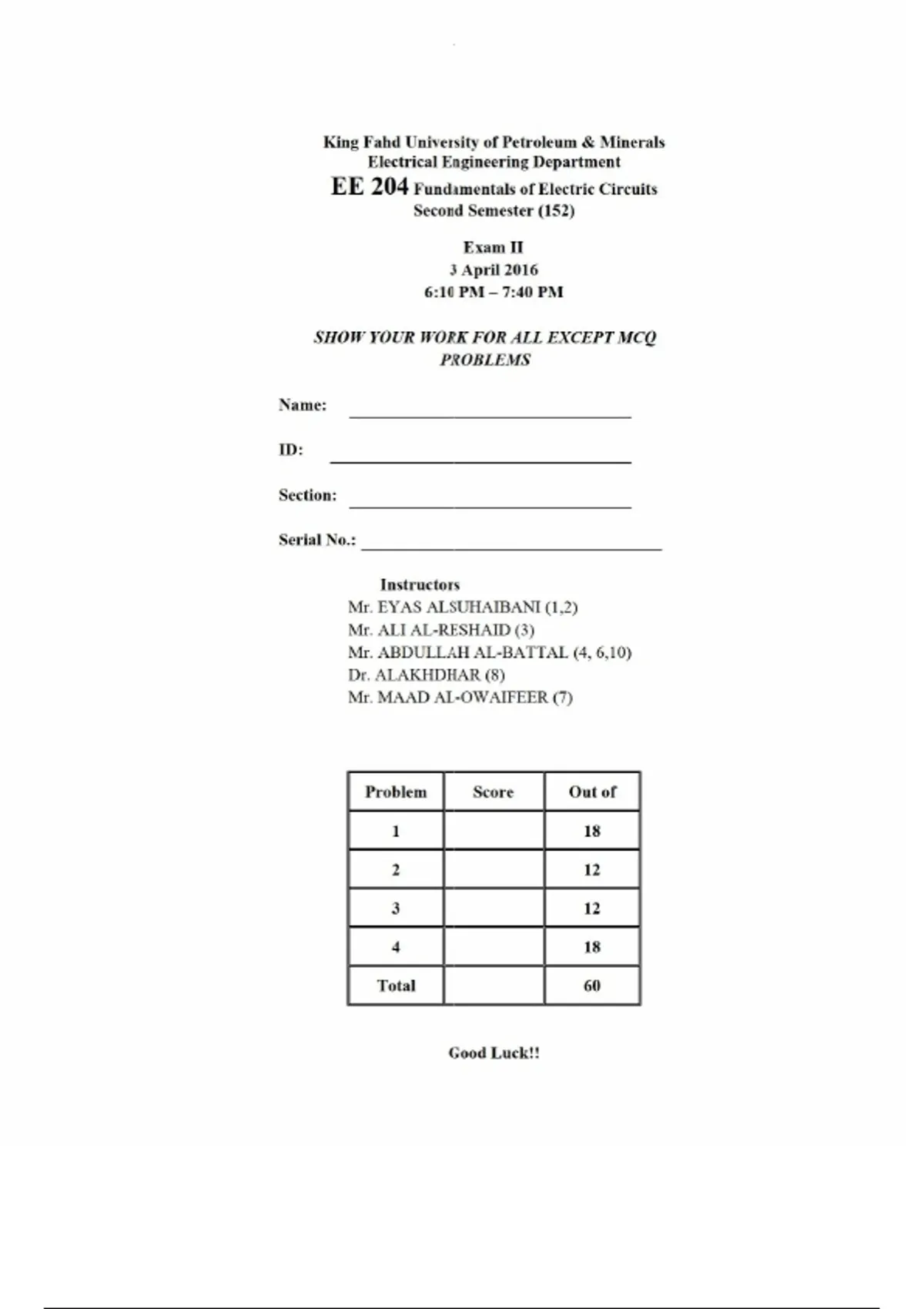 EE 204 KFUPM Fundamentals of Electric Circuits Exam Questions and ...