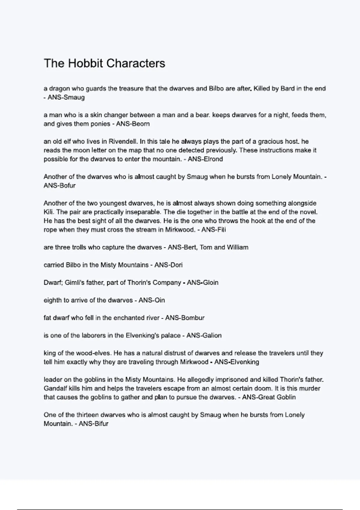 The Hobbit Characters Summary and Analysis Main and Supporting Roles ...