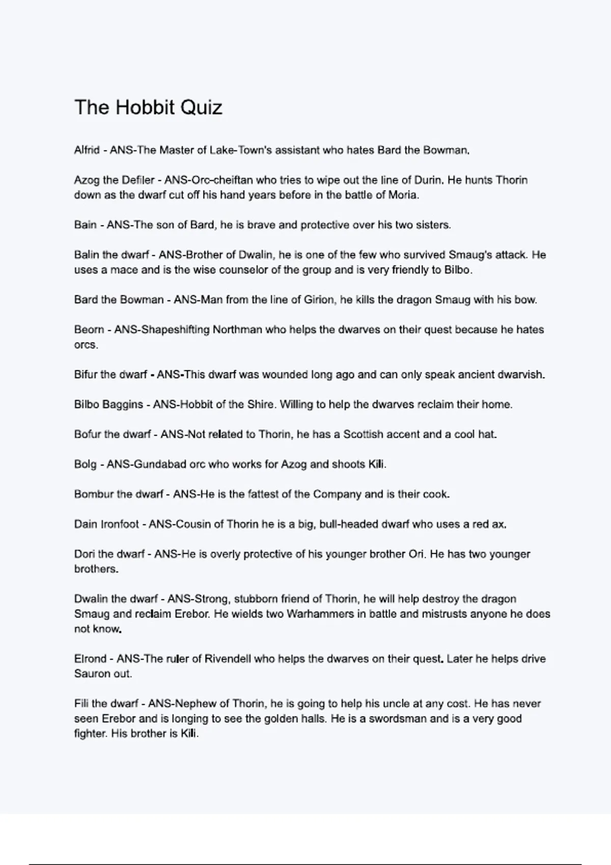 The Hobbit Quiz Multiple Choice Questions and Answers Summary Analysis ...