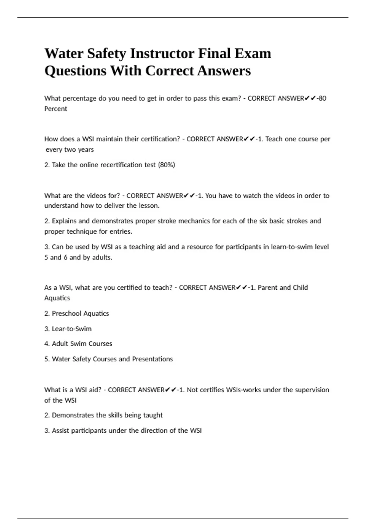 Water Safety Instructor Final Exam Questions With Correct Answers - WSI ...