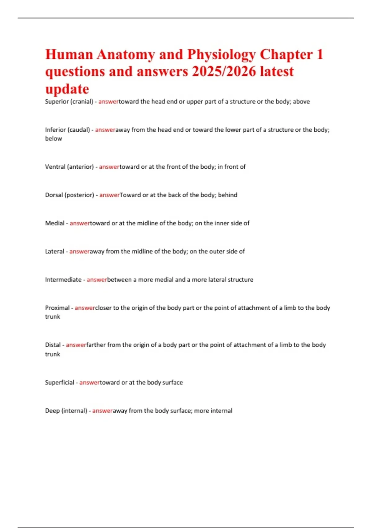 Human Anatomy & Physiology Chapter 1 Practice Questions & Answers 2025/ ...