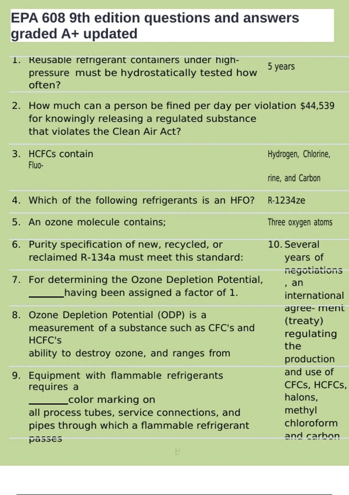EPA 608 9th edition questions and answers graded A+ updated - EPA 608 ...