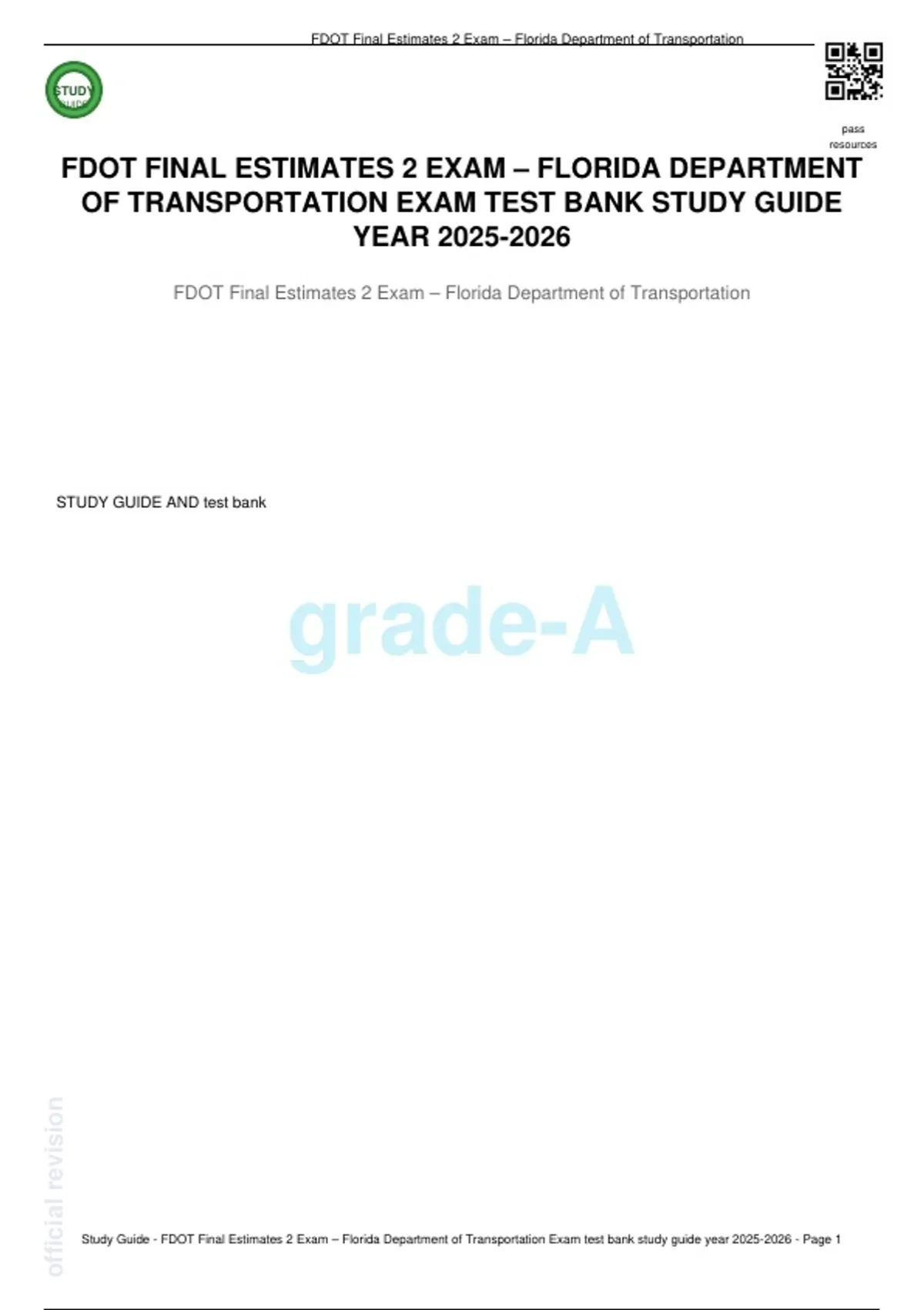 FDOT FINAL ESTIMATES 2 EXAM STUDY GUIDE 2025/2025-FLORIDA DEPARTMENT OF ...