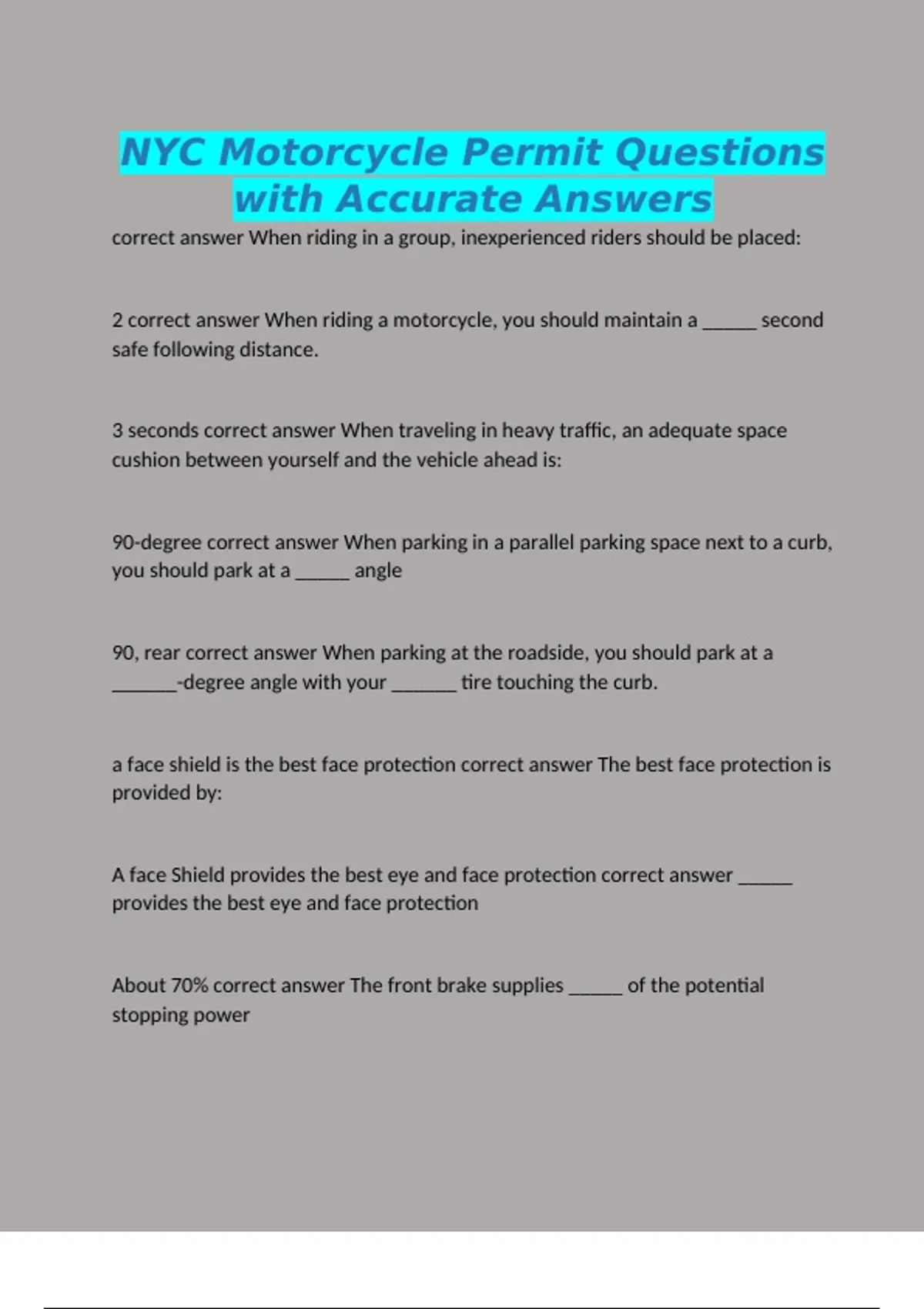 NYC Motorcycle Permit Questions with Accurate Answers - Motorcycle ...