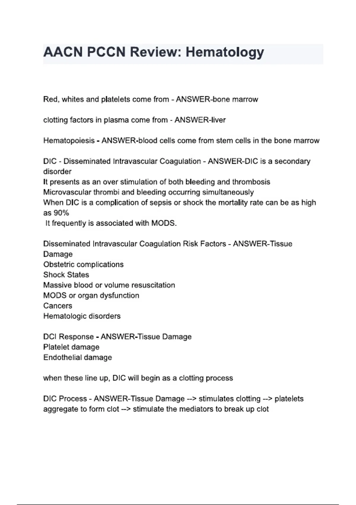 AACN PCCN Review Hematology Questions and Answers Complete Study ...