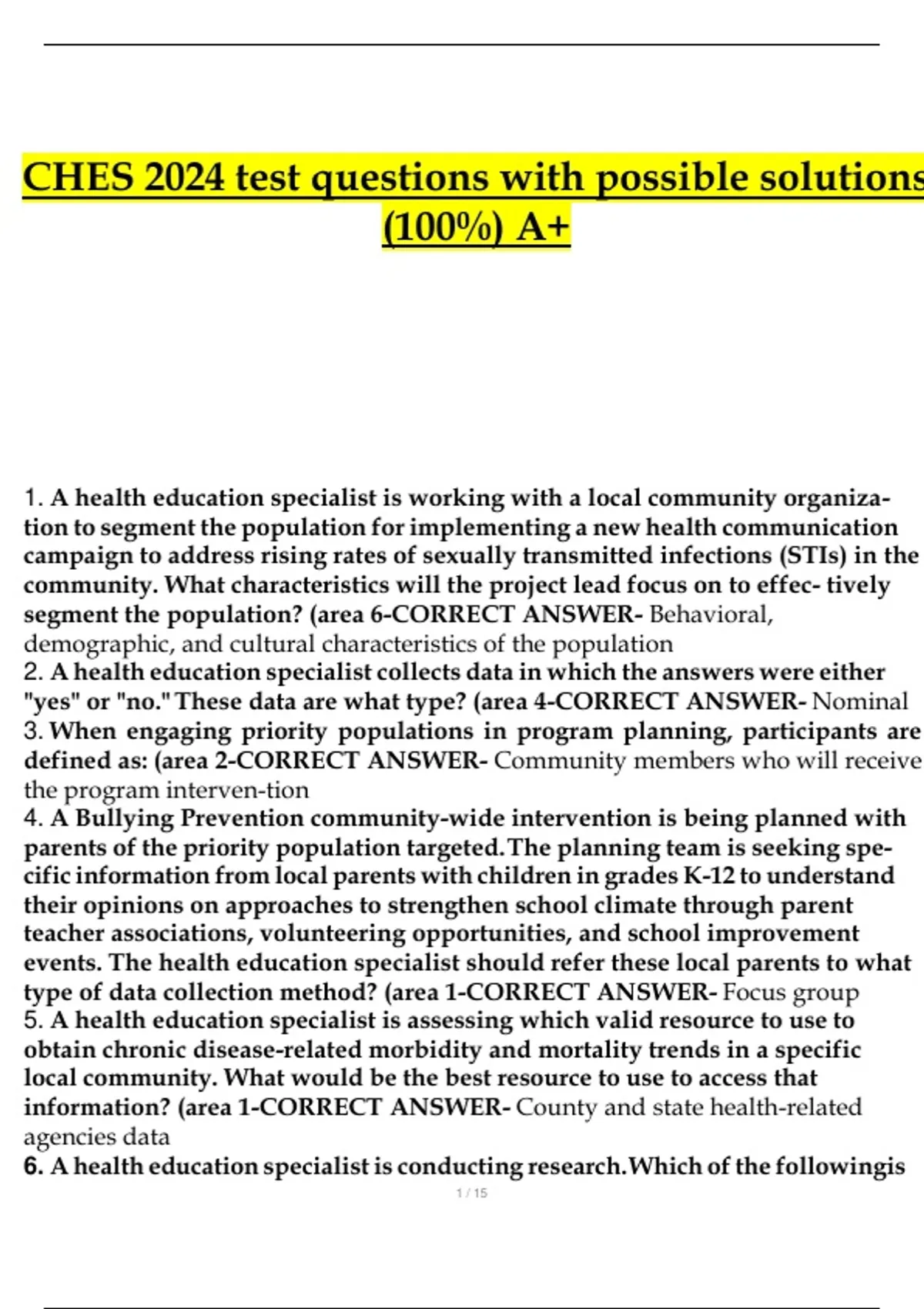 CHES 2024 Test Questions with Possible Solutions (100%) A+ - CHES ...