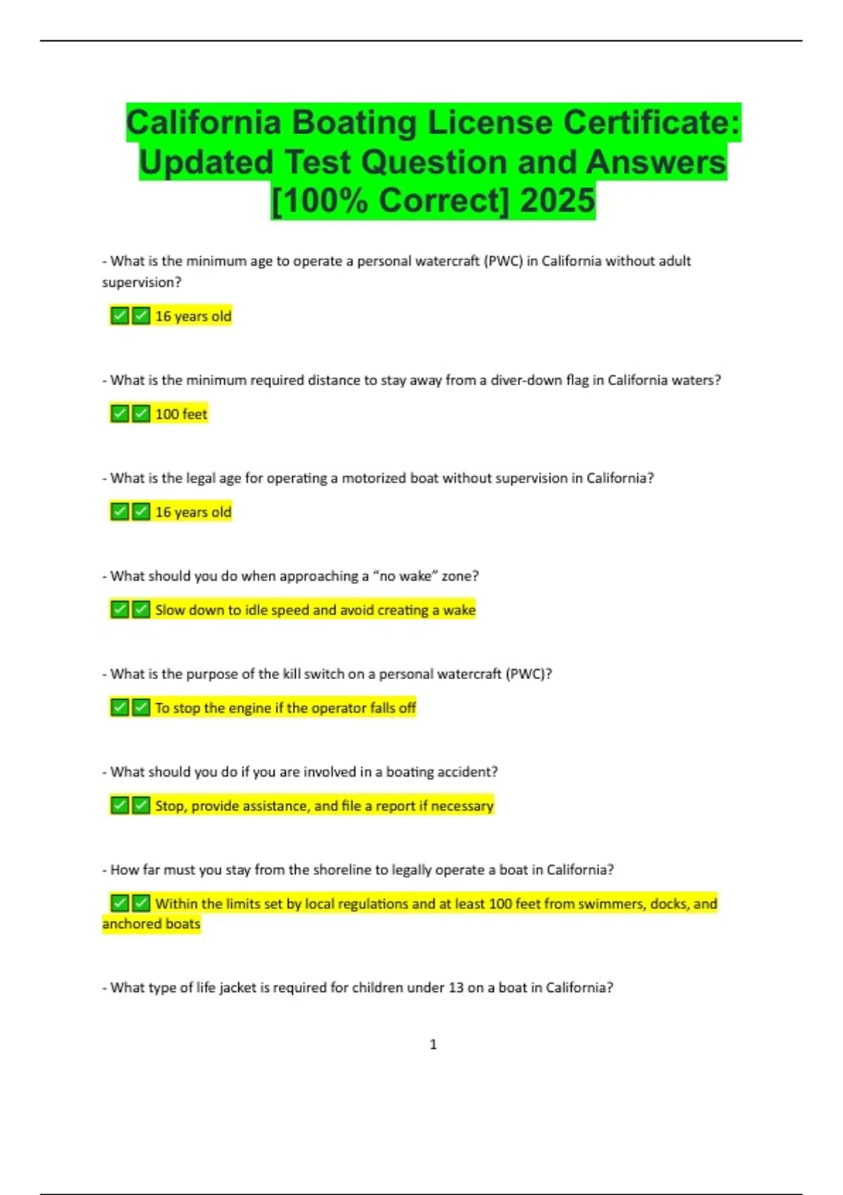 California Boating License Certificate: Updated Test Question and ...