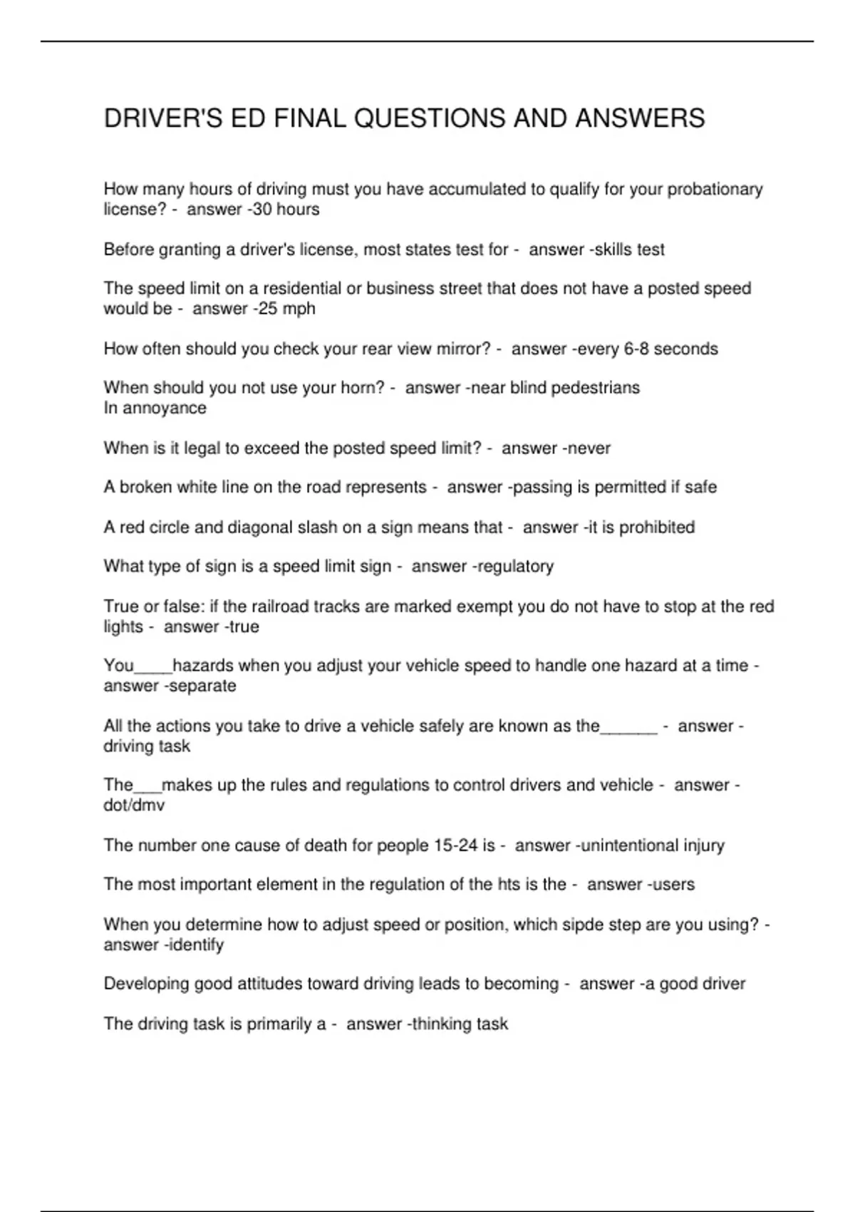 DRIVER'S ED FINAL QUESTIONS AND ANSWERS - DRIVER\\\'S ED - Stuvia US