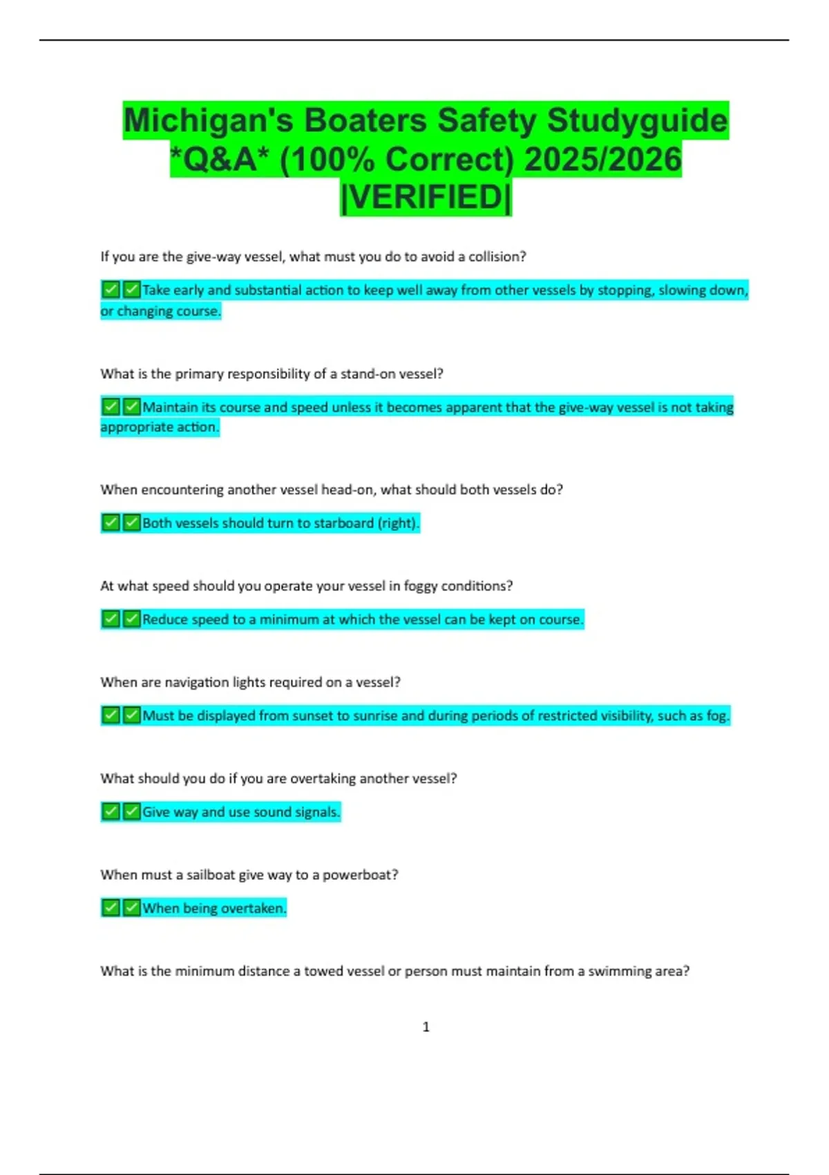 Michigan's Boaters Safety Studyguide *Q&A* (100% Correct) 2025/2026 ...