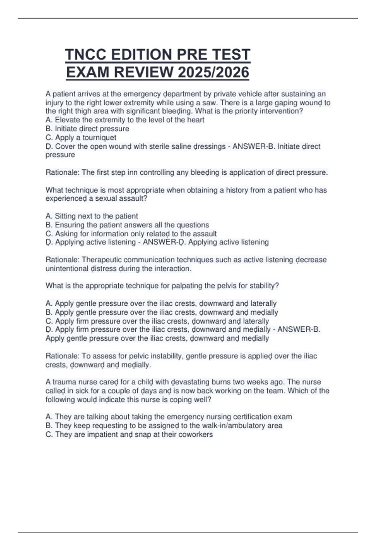 TNCC Edition Pre-Test Exam Review 2025/2026 - TNCC - Stuvia US