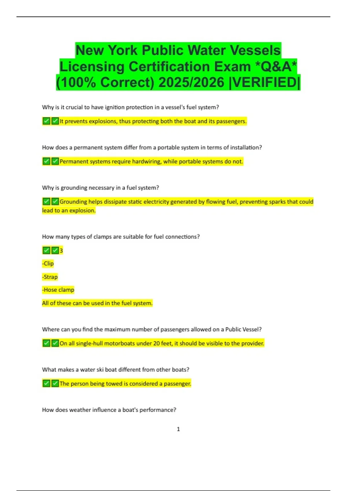 New York Public Water Vessels Licensing Certification Exam *Q&A* (100% ...
