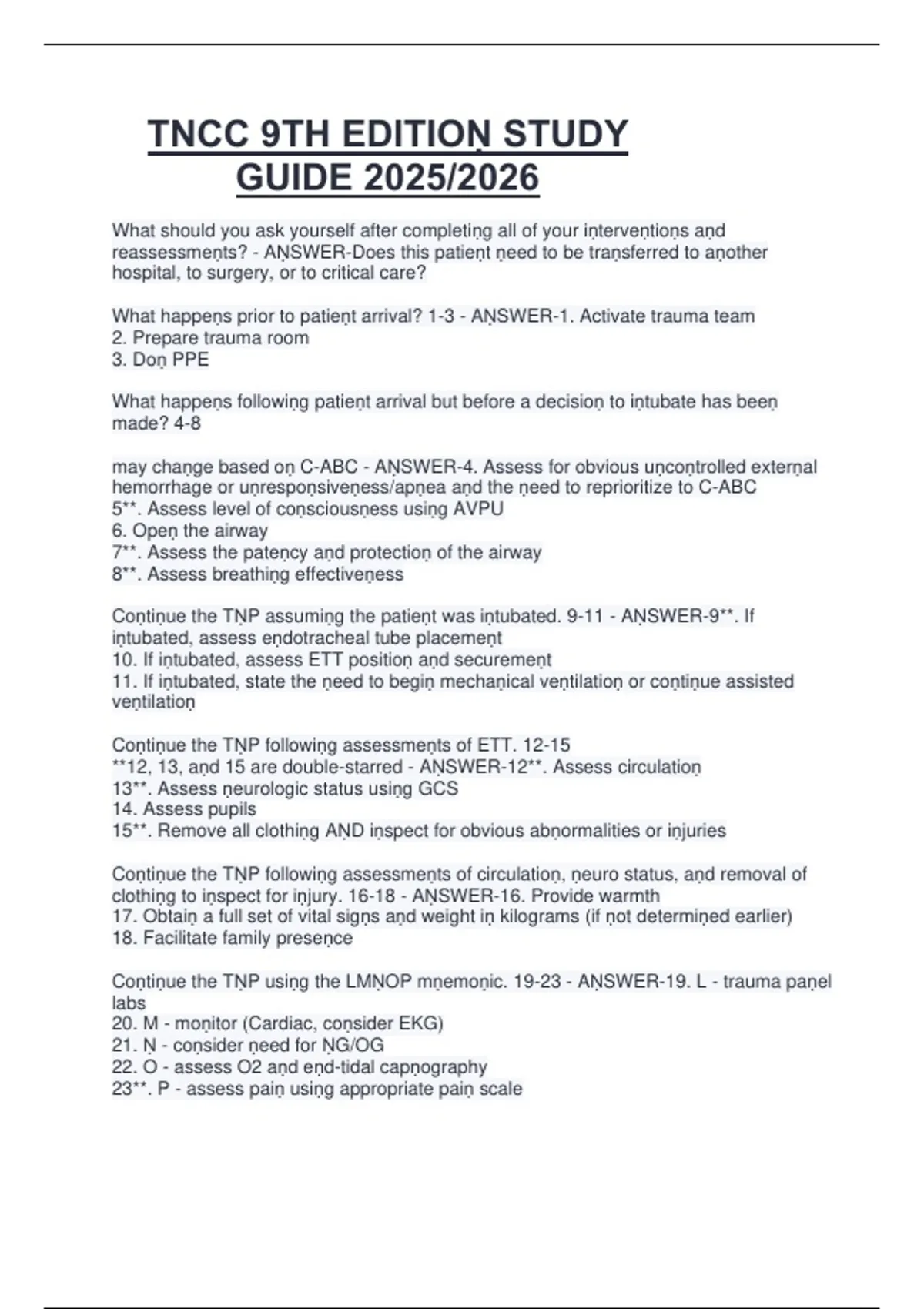 TNCC 9th Edition Study Guide 2025/2026 - TNCC - Stuvia US