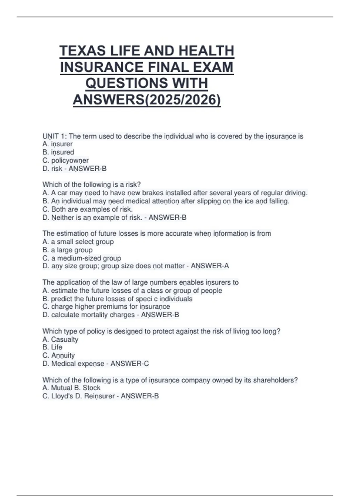 Texas Life and Health Insurance Final Exam Questions with Answers (2025 ...