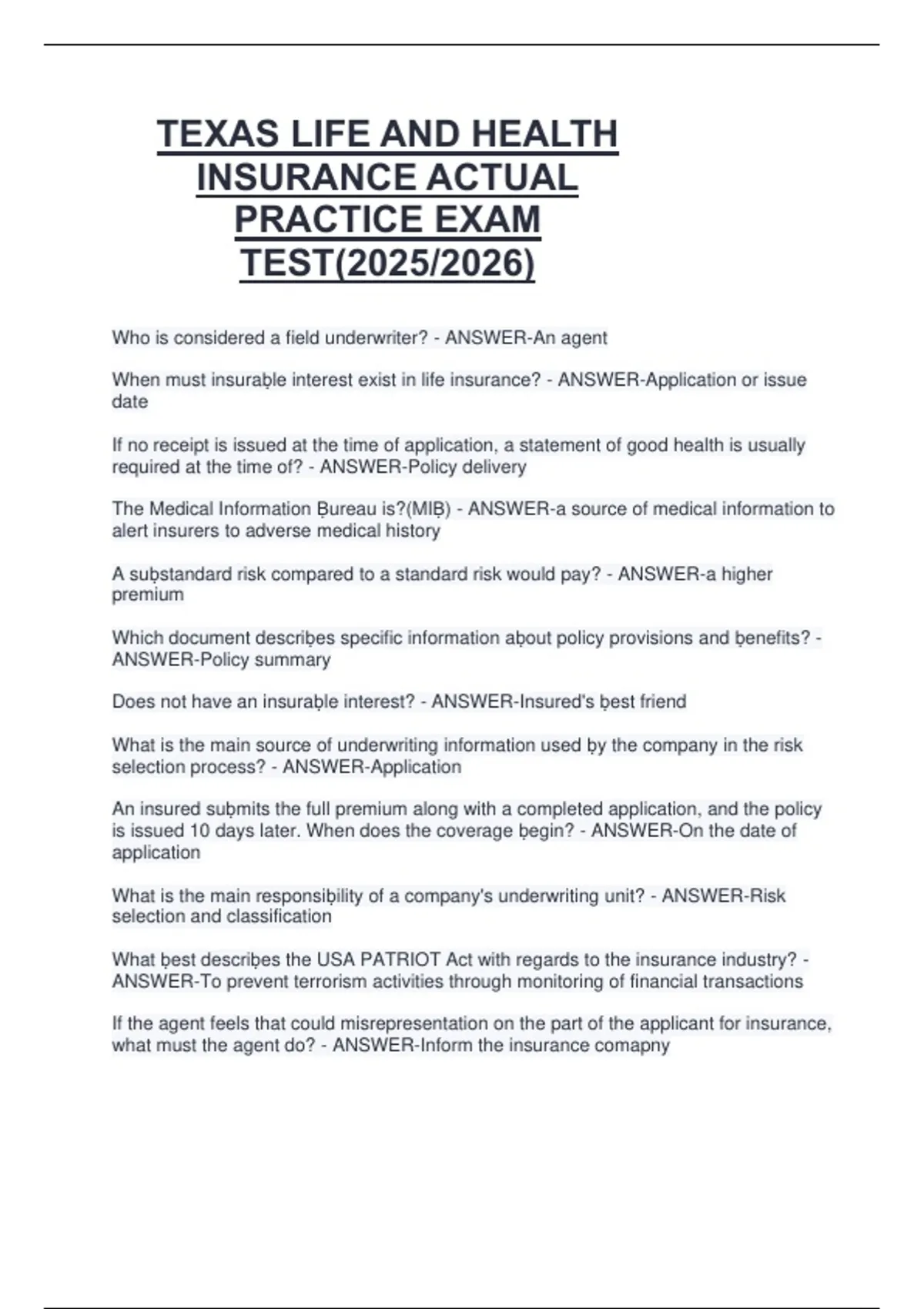 Texas Life and Health Insurance Actual Practice Exam Test (2025/2026 ...
