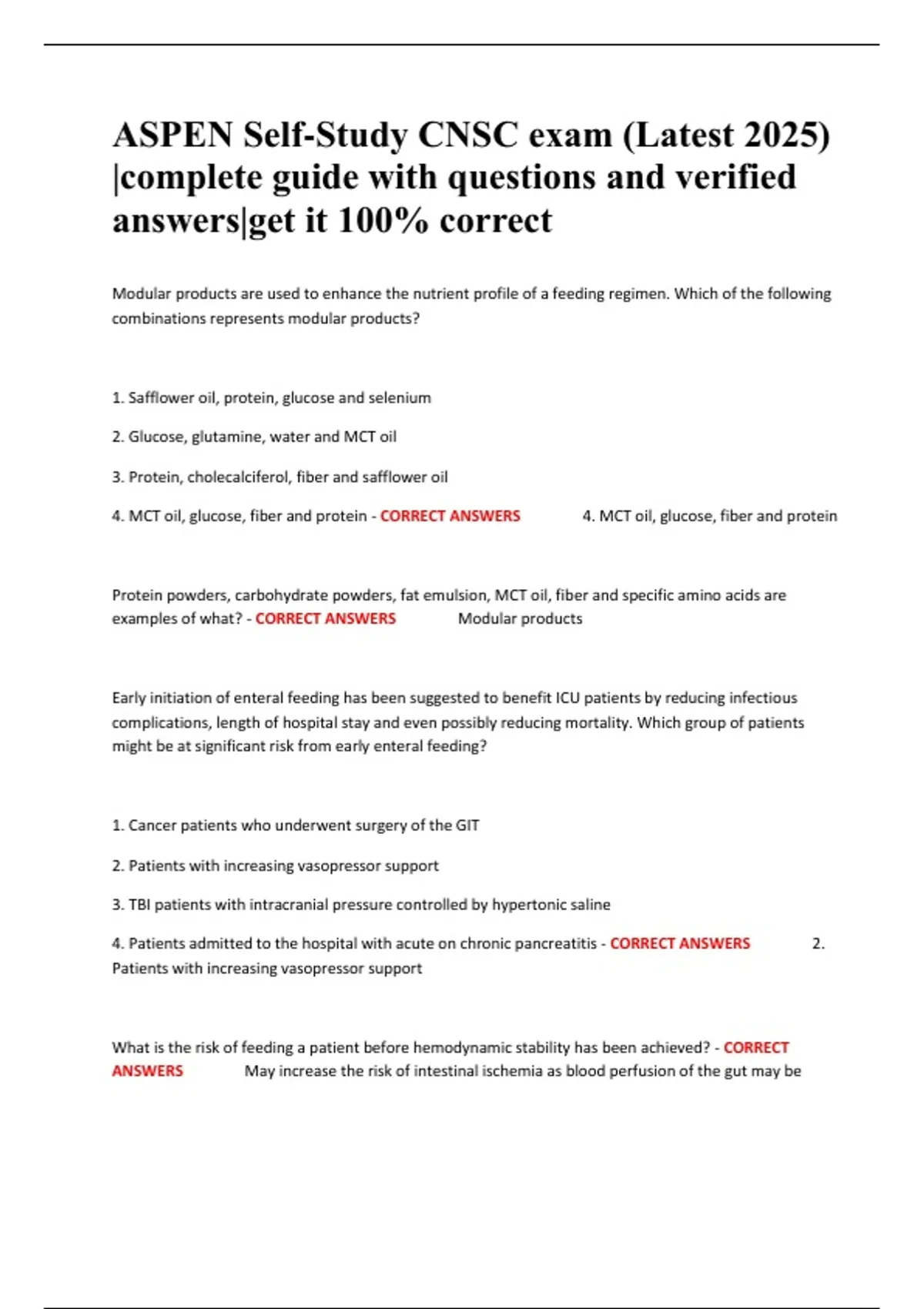 Summary ASPEN Self-Study CNSC exam (Latest 2025) |complete guide with ...