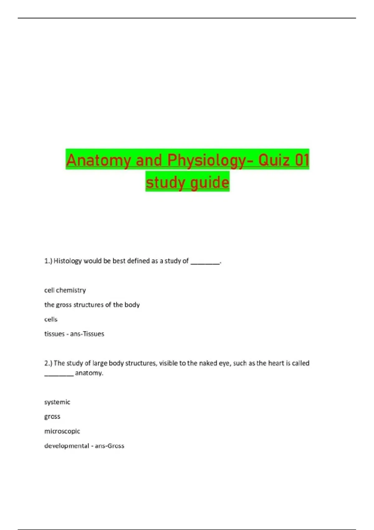 Anatomy and Physiology- Quiz 01 study guide - Human anatomy and ...