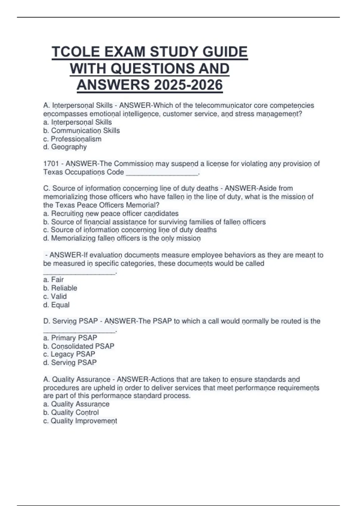 TCOLE Exam Study Guide with Questions and Answers 2025–2026 - TEXAS ...