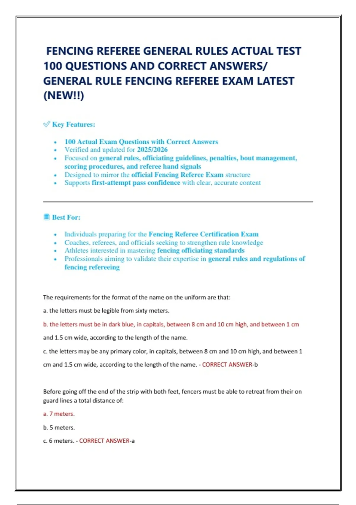 FENCING REFEREE GENERAL RULES ACTUAL TEST 100 QUESTIONS AND CORRECT ...