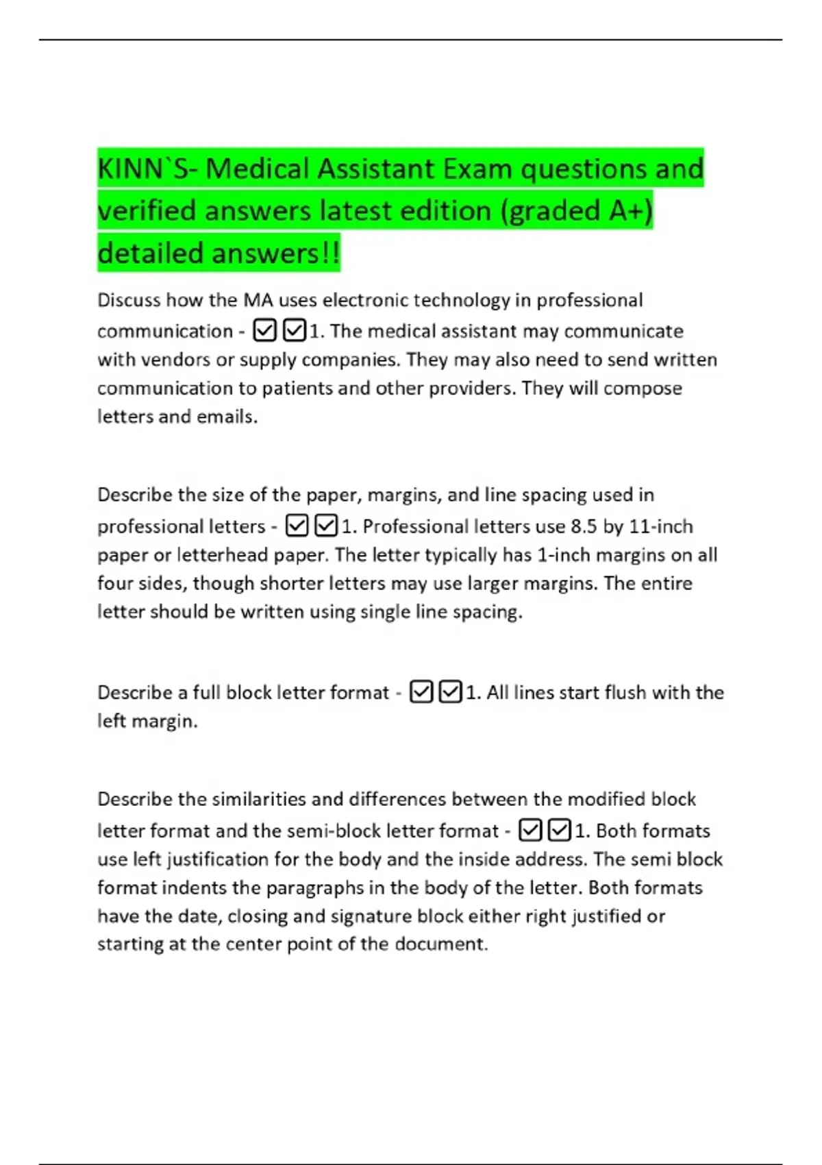 KINN`S- Medical Assistant Exam questions and verified answers latest ...