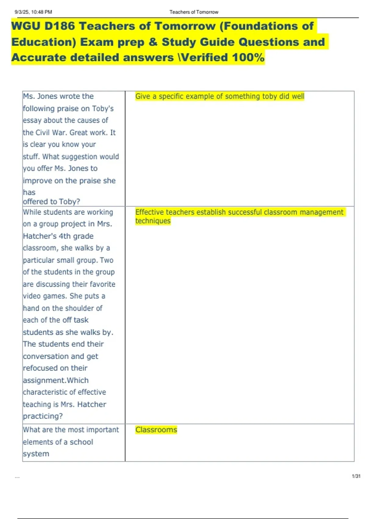 WGU D186 Teachers of Tomorrow (Foundations of Education) Exam prep ...