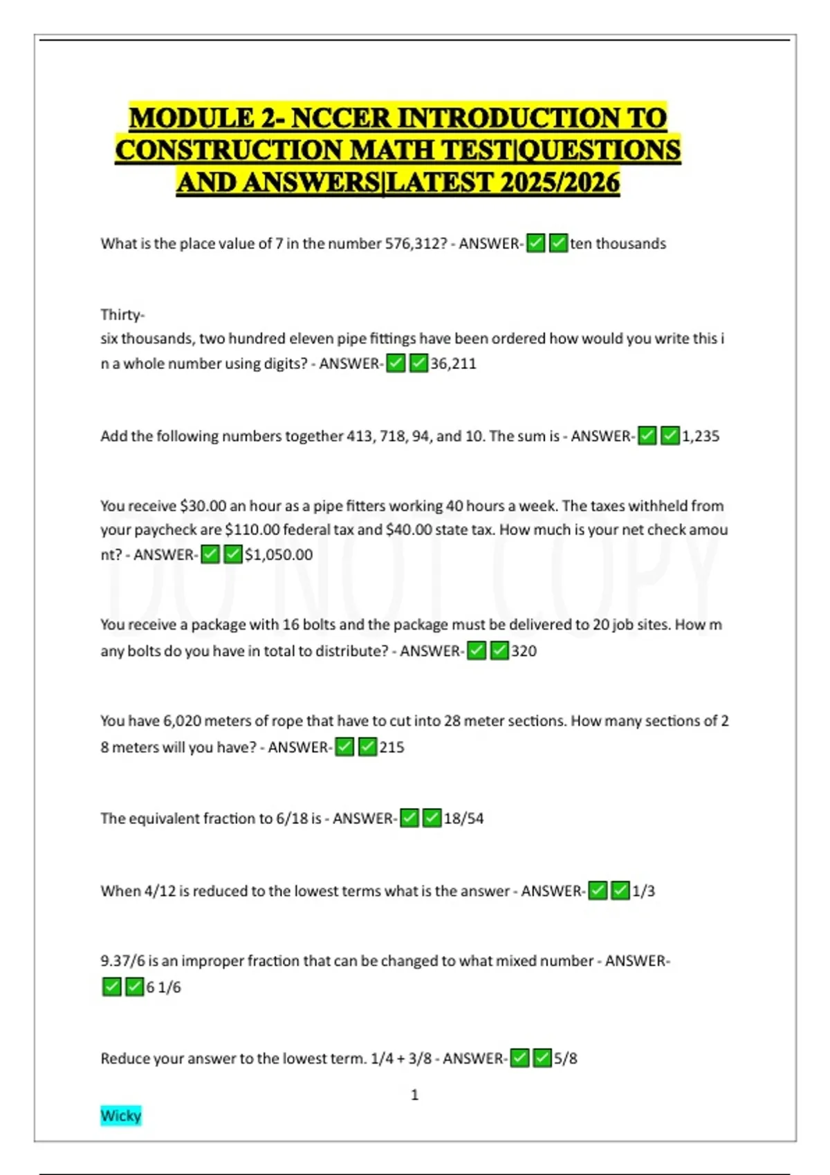 MODULE 2- NCCER INTRODUCTION TO CONSTRUCTION MATH TEST|QUESTIONS AND ...